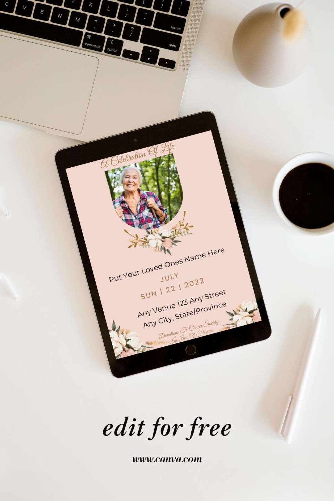 Celebration of Life Invitation | Editable Memorial Template | Pink ...