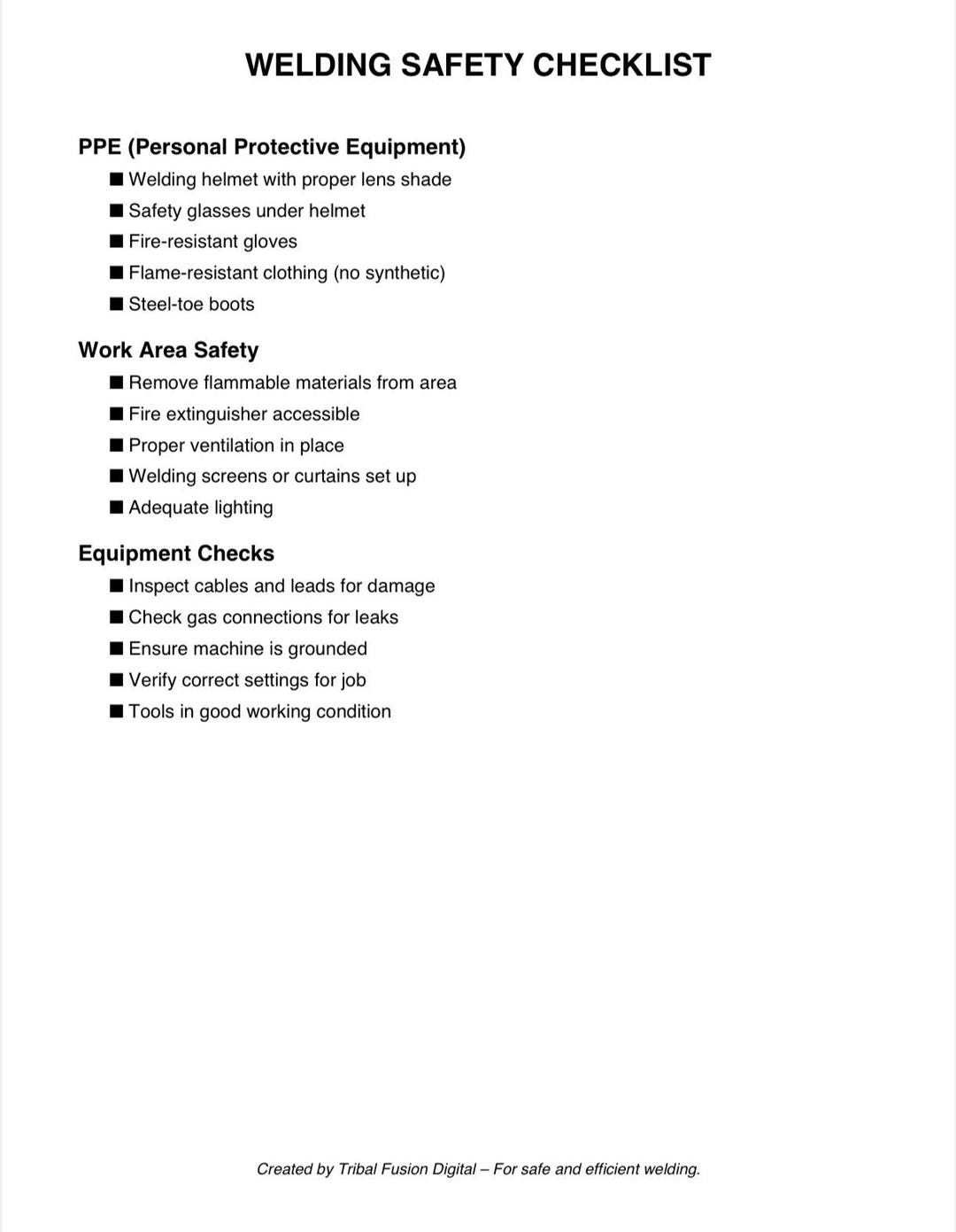 Welding Safety Checklist | Printable PDF | Shop & Workplace Safety Tool ...