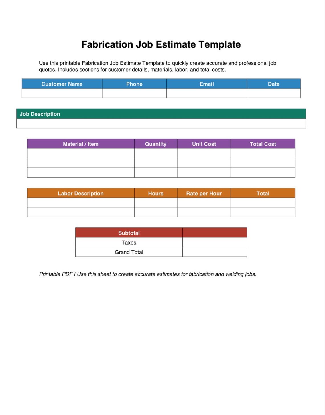 Fabrication Job Estimate | Welding Quote Template | Printable ...