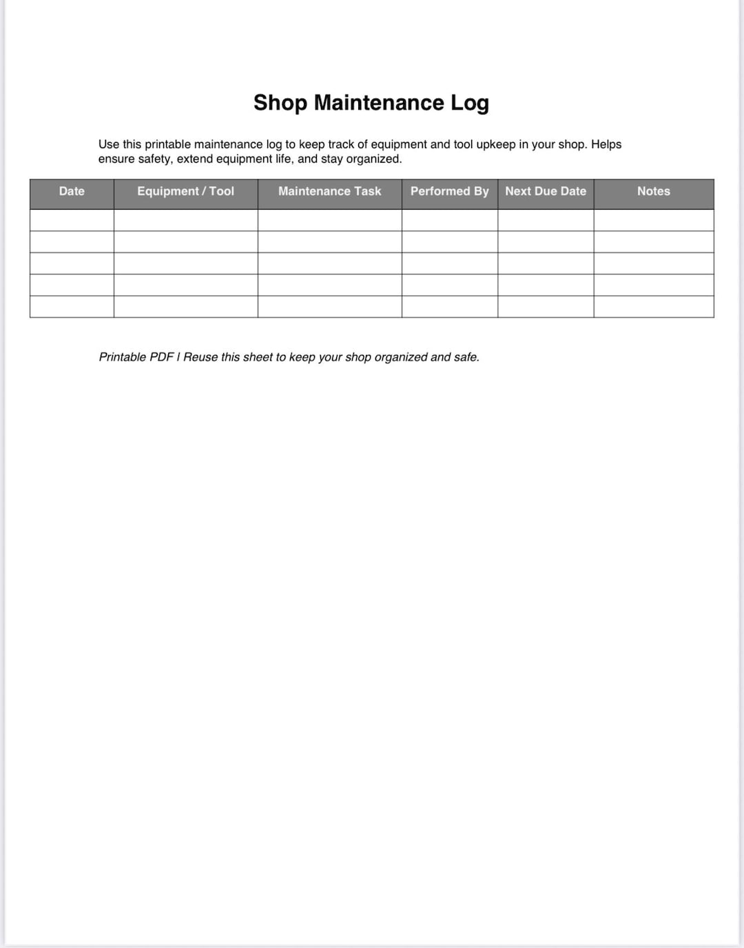 Shop Maintenance Log | Printable PDF | Equipment & Tool Tracking Sheet ...