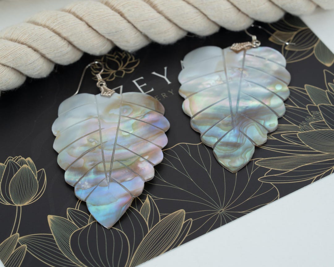 Iridescent Mother of Pearl Botanical Earrings – Carved Shell Leaf ...