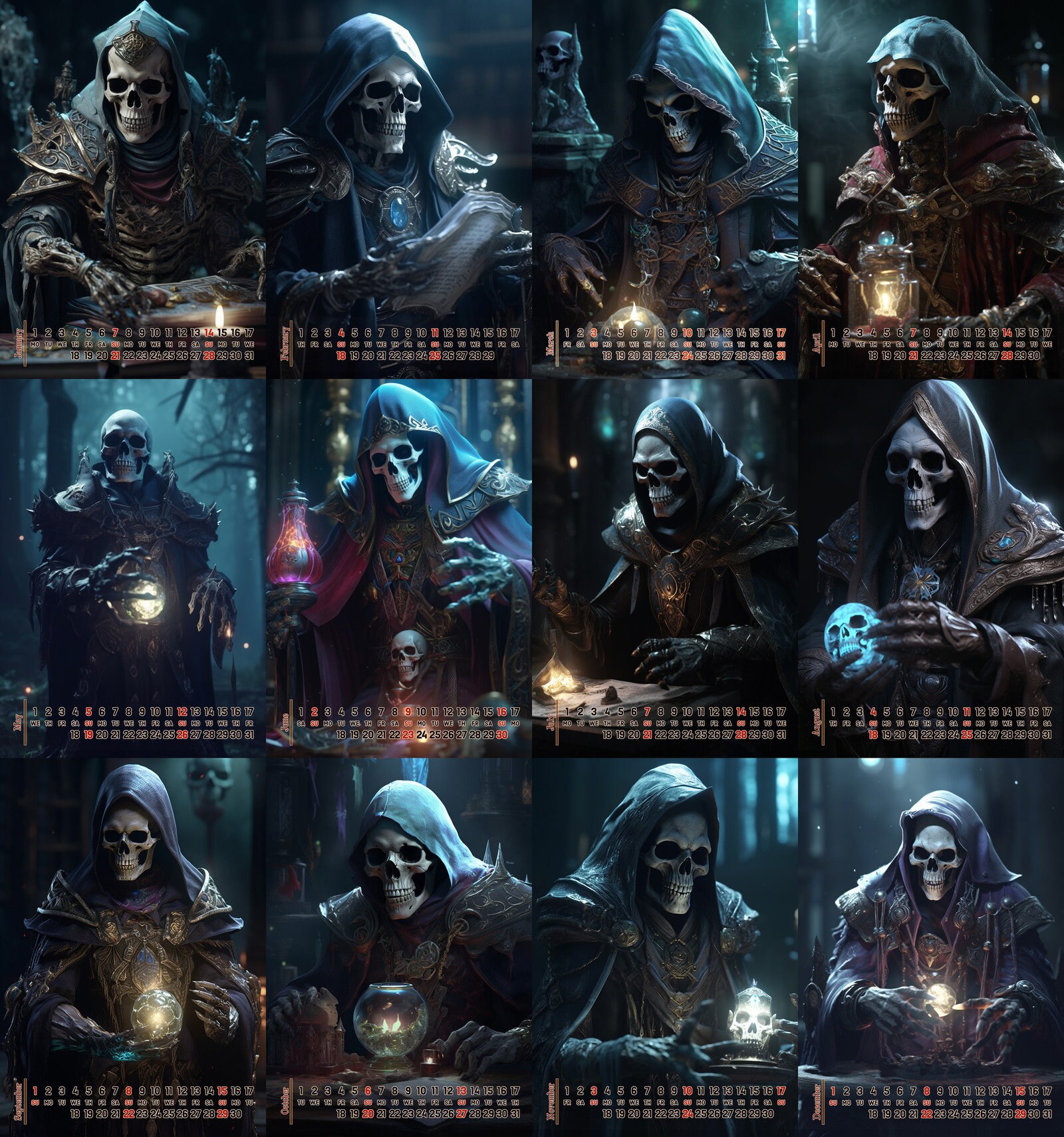 Wall Calendar 2024 Incredible Skeletons With Crystal Balls in Majestic ...