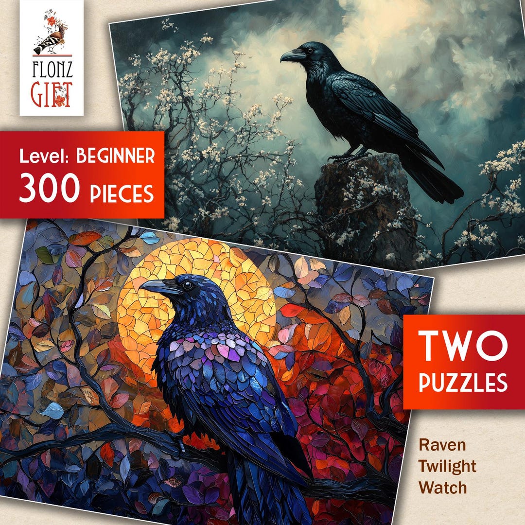 2 X JIGSAW PUZZLES 300pc ~ Raven Twilight Watch – A Stained-glass Raven ...