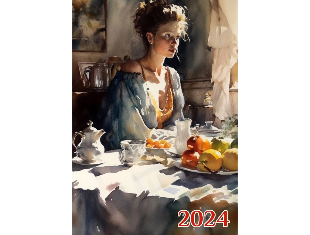 Wall Calendar 2024 ~ Beautiful Women Eating Elegant Breakfast on Sunny ...