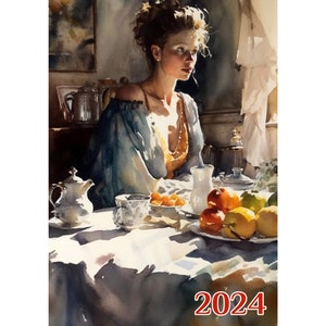 Wall Calendar 2024 Beautiful Women Eating Elegant Breakfast on Sunny ...