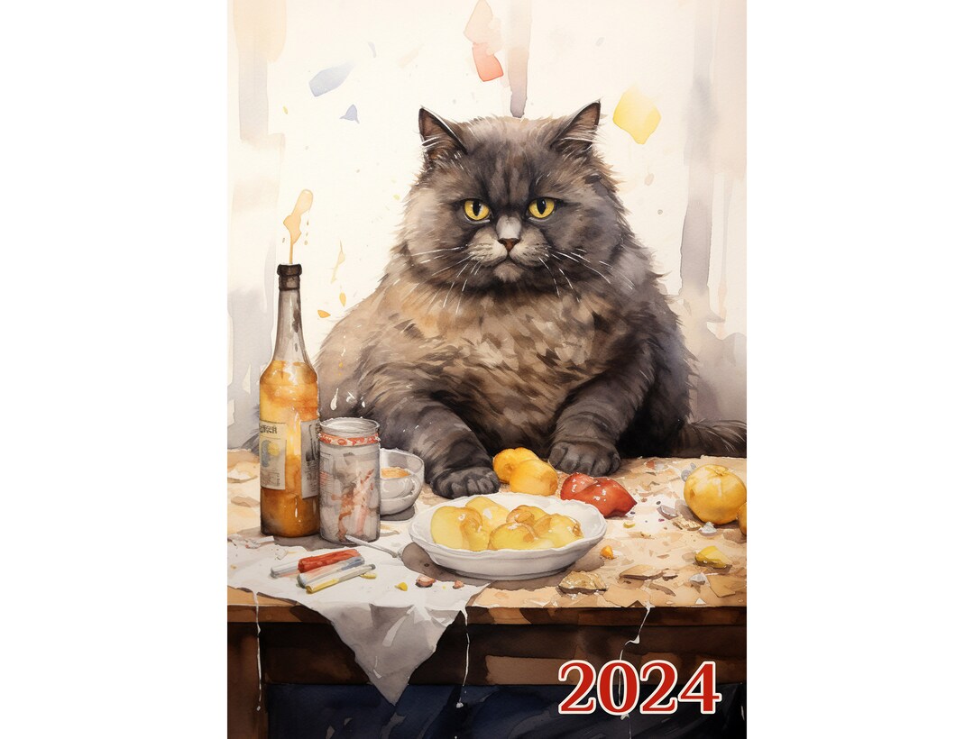 Wall Calendar 2024 ~ Silly Fat Cats Eating Burgers and Other Fast Food ...