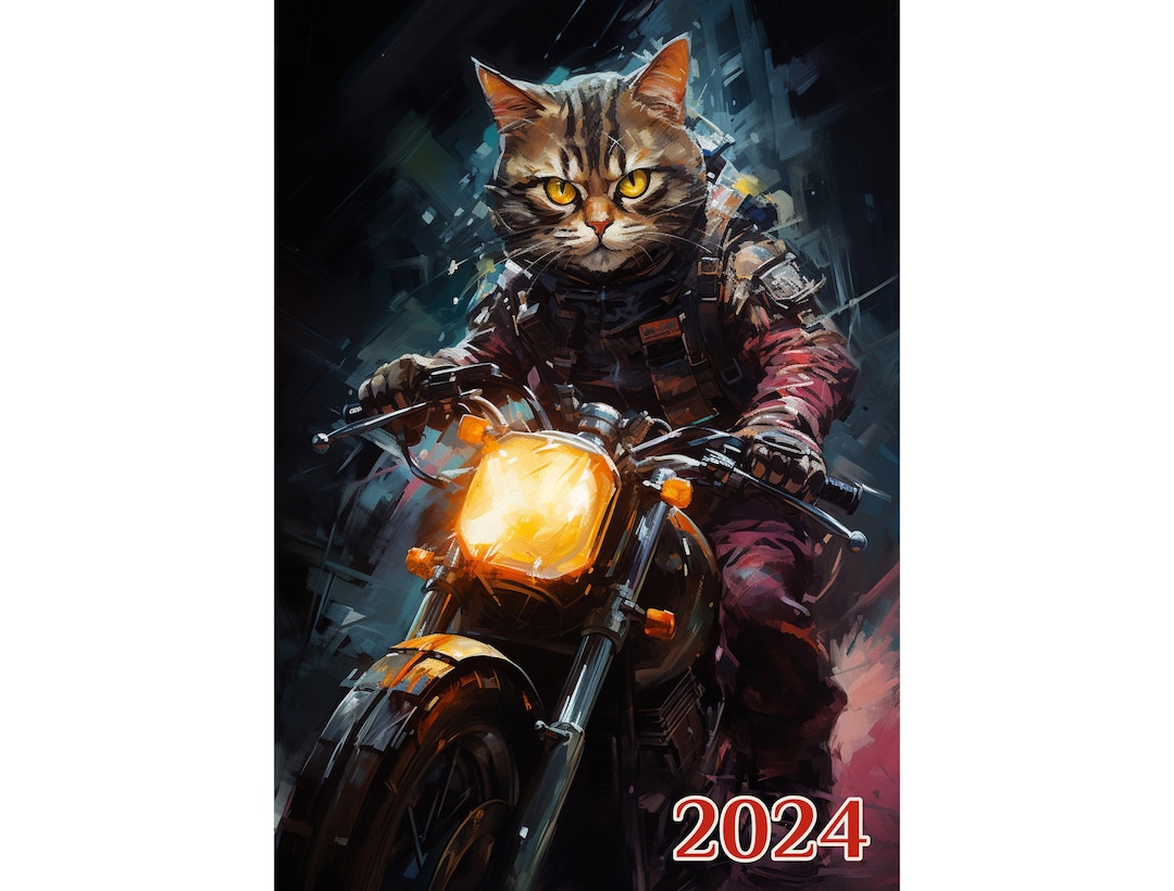 Wall Calendar 2024 ~ Intimidating Biker Cats in Leather Jackets Riding ...