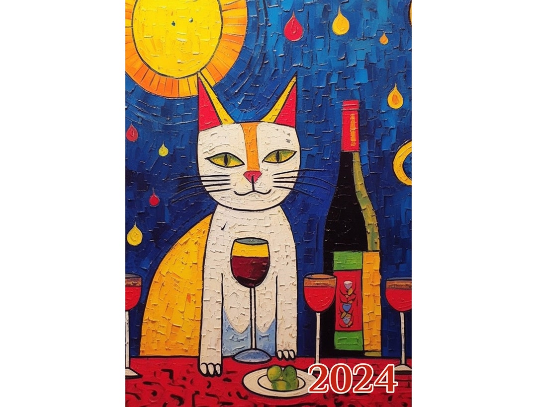 Wall Calendar 2024 ~ Cute Drawings of Little Cats at Wine Bars ...