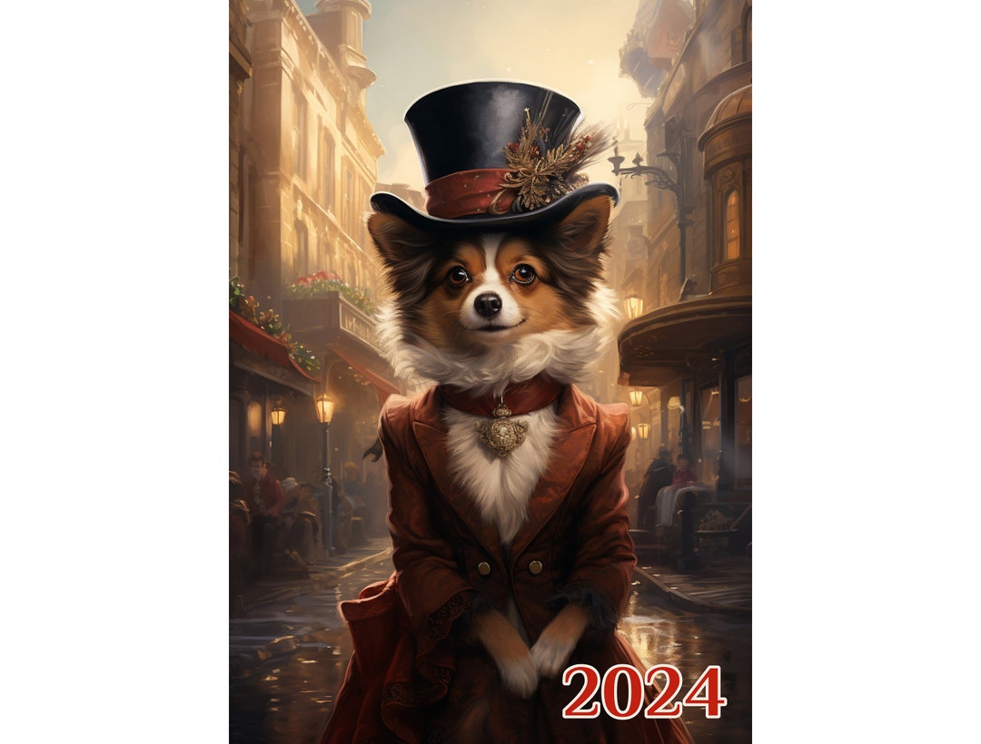Wall Calendar 2024 ~ Fancy Victorian Dogs in Little Trench Coats and ...