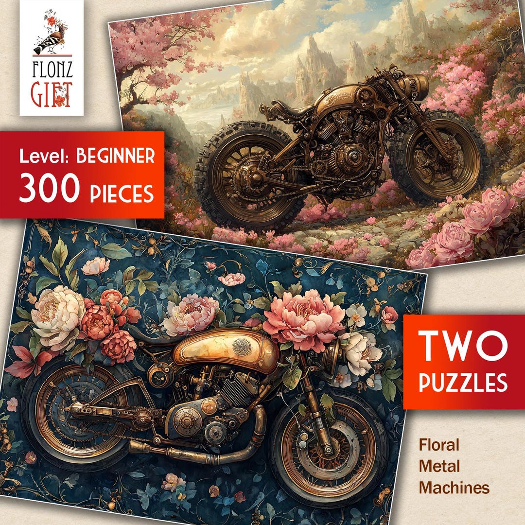 2 X JIGSAW PUZZLES 300pc ~ Floral Metal Machines – Ornate Motorcycles ...