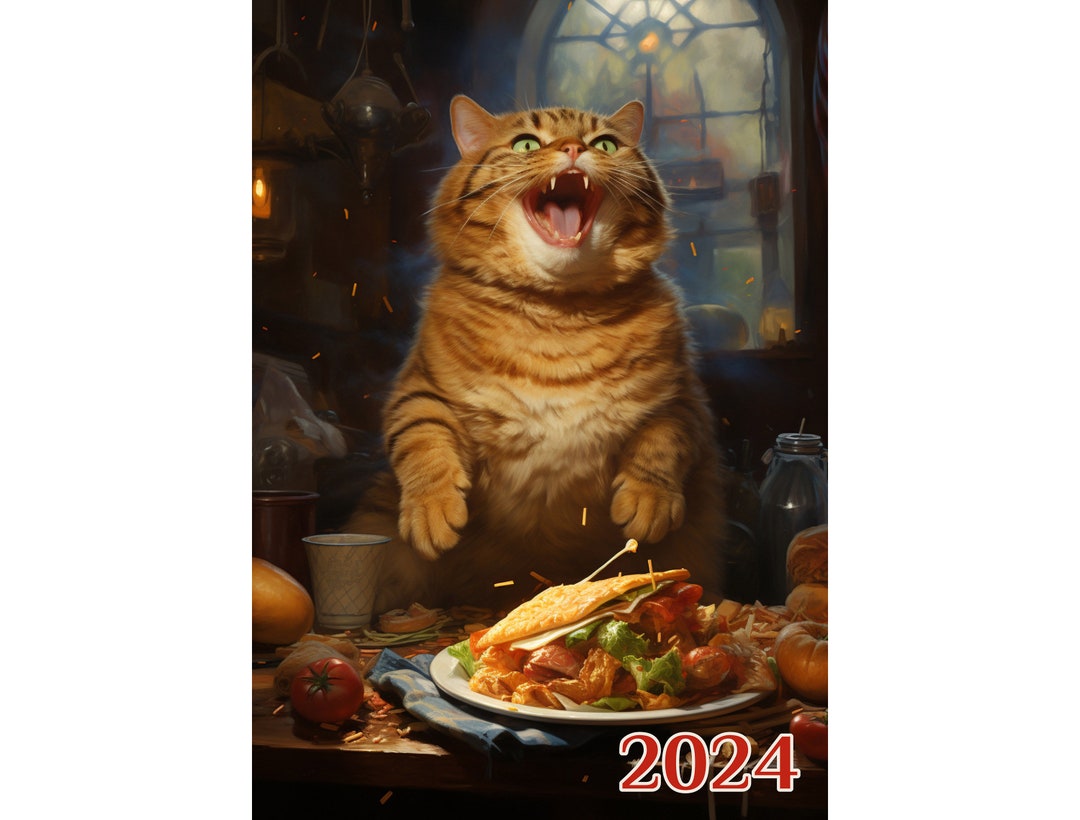 Wall Calendar 2024 ~ Funny Fat Cats Eating Fast Food ~ Vintage Book ...