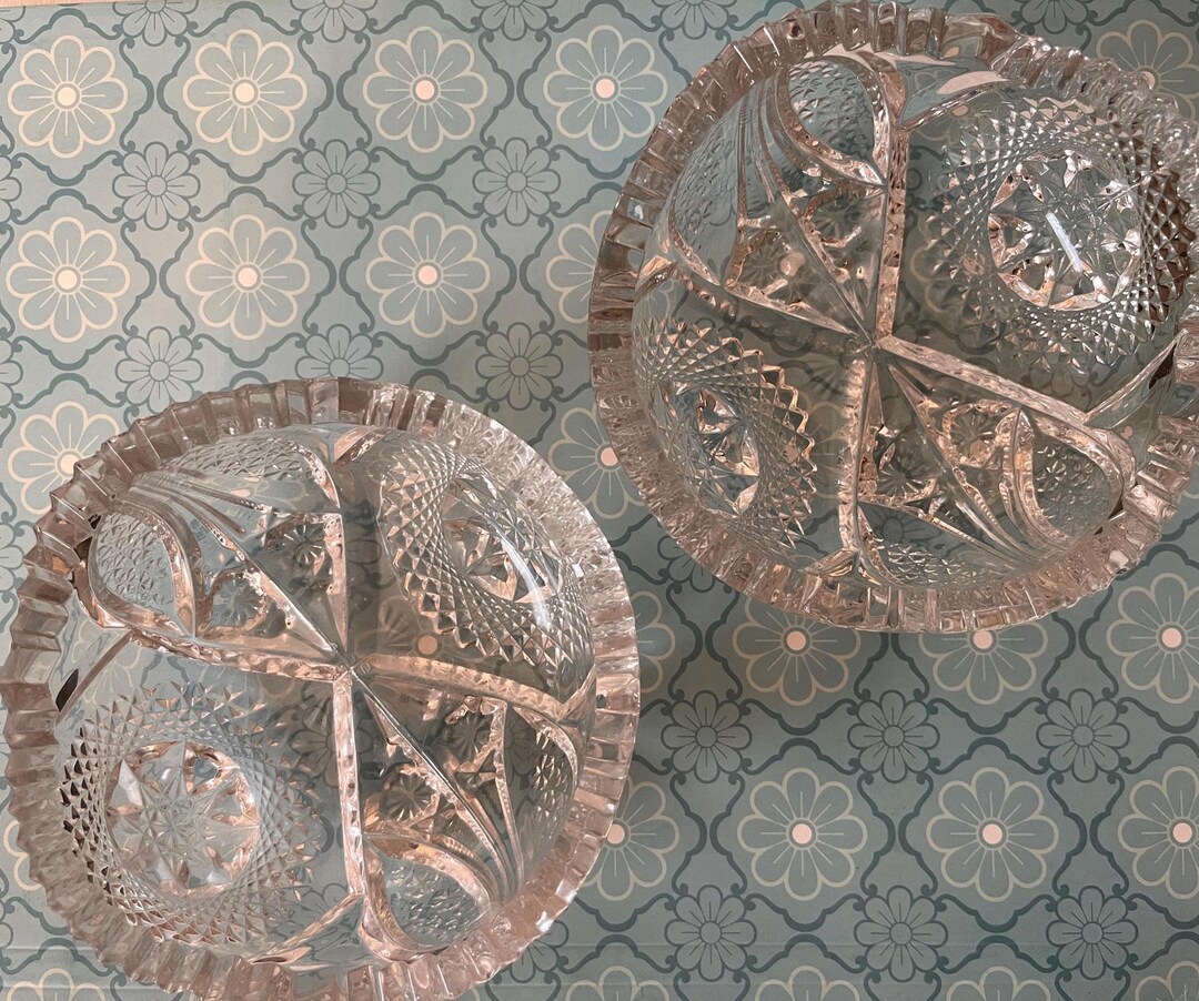 American Brilliant Cut Glass Bowl Pair, Hobstar Design, Scalloped Rim ...