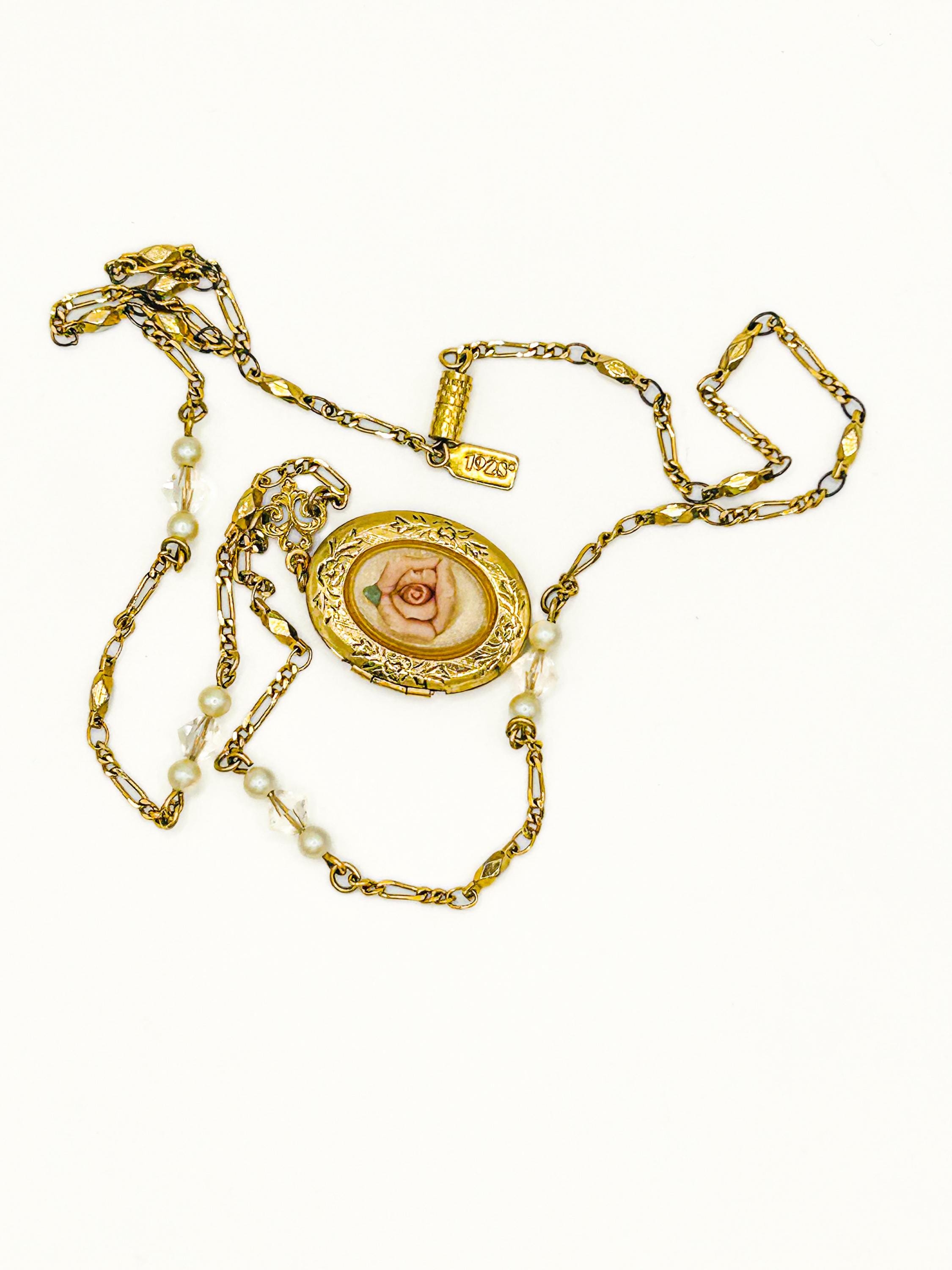 Vintage 1928 Jewelry Co. Rose Locket Necklace, Gold Tone Porcelain ...