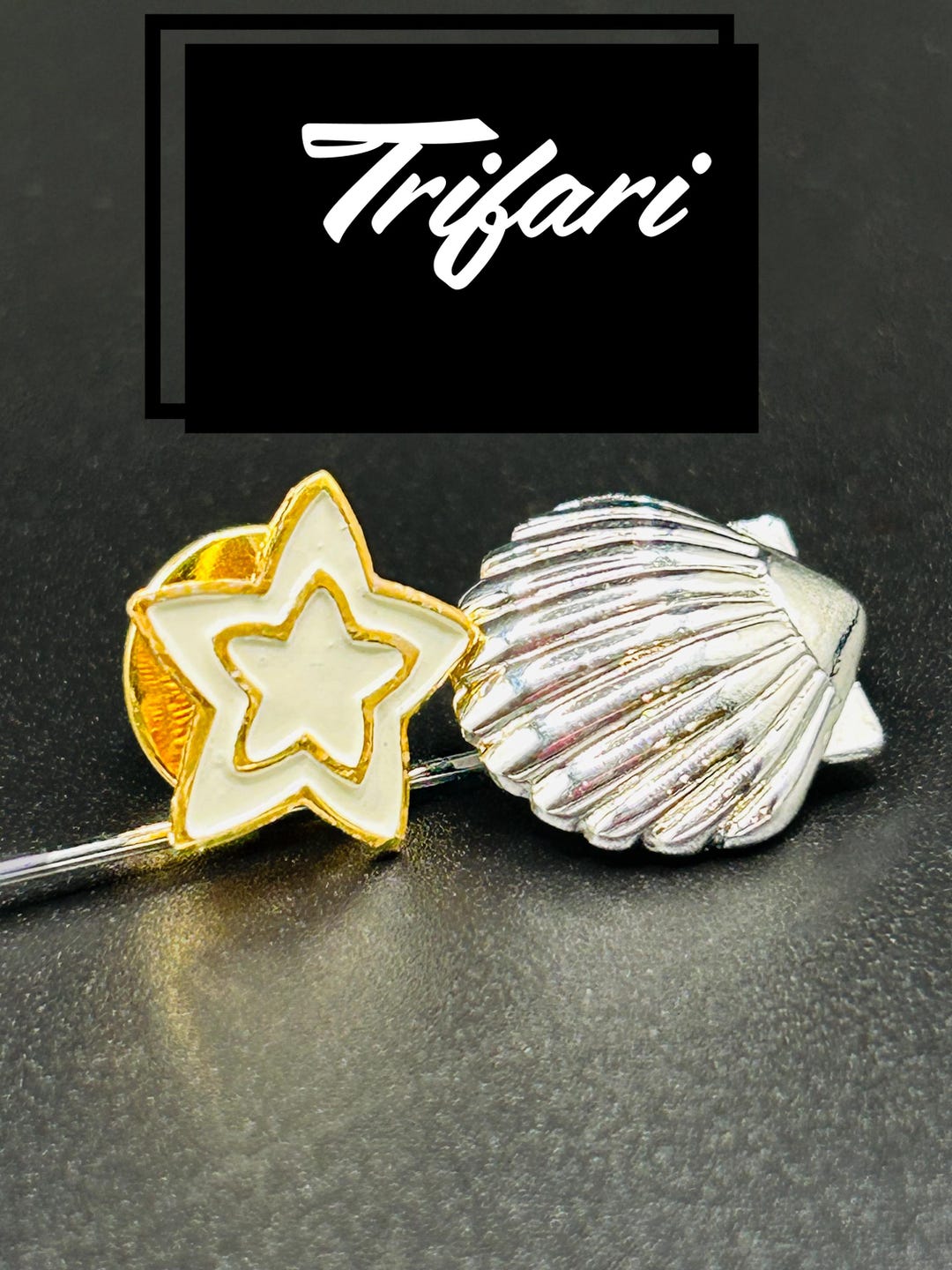 Signed Trifari Mixed Pin Set: Nautical Shell Stick Pin and Retro Enamel ...