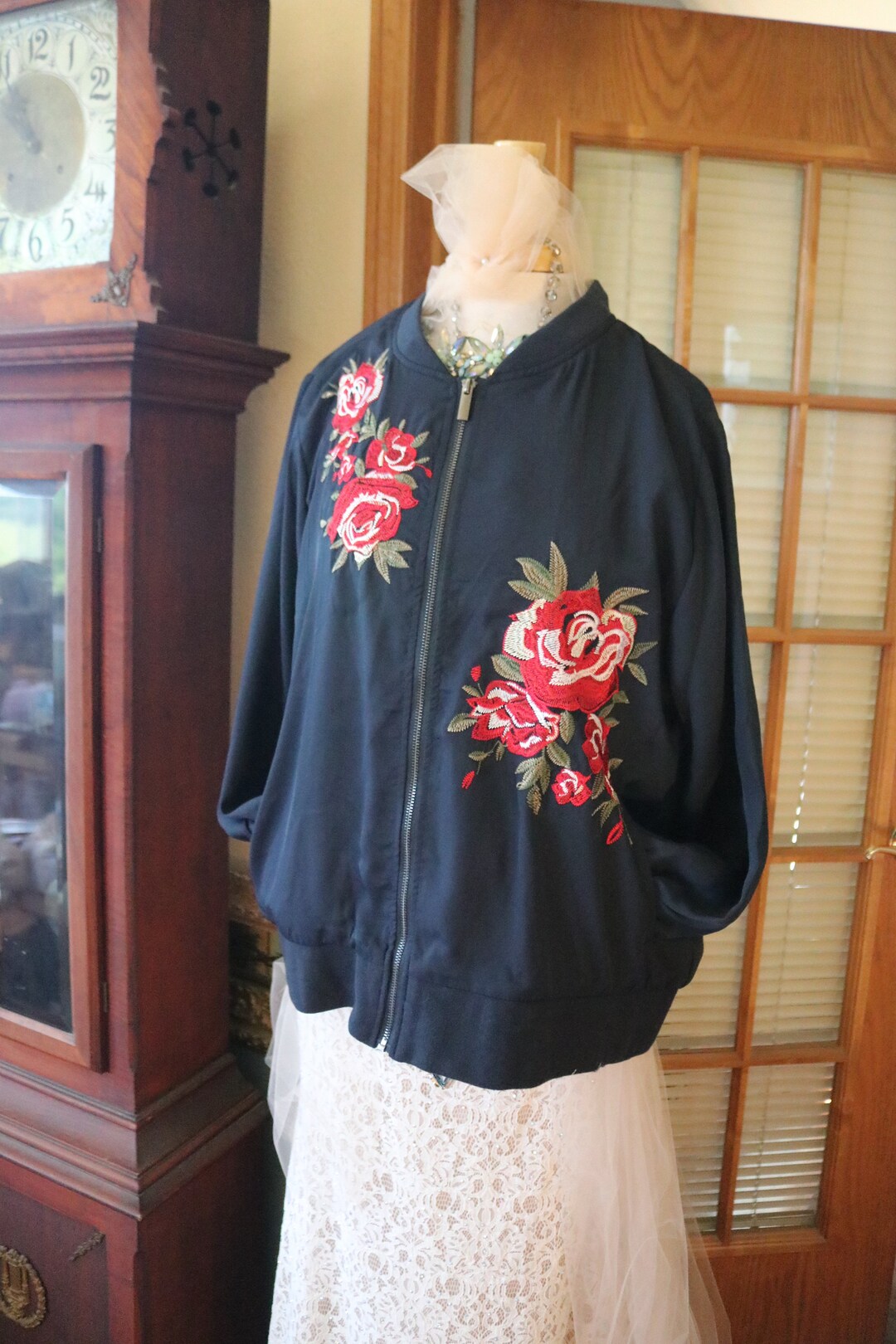 40s Style Bomber Jacket Embroidered Navy Red Coat Wrap Cape Flapper ...