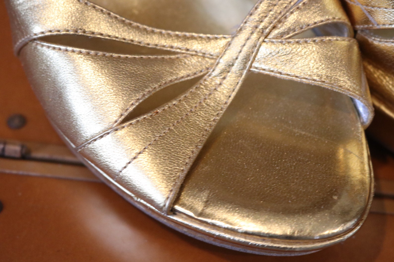 Vintage Gold Ankle Wrap Wedge Heel Shoes Sz Eight | Etsy