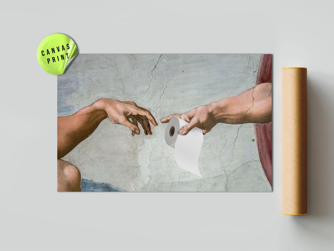 Funny Bathroom Canvas Wall Art, Creation of Adam Toilet Paper Parody ...