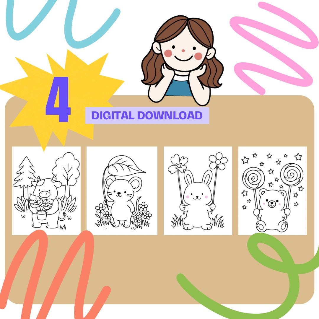 Digital Print Coloring Page Happy Animals 1 - Etsy Australia