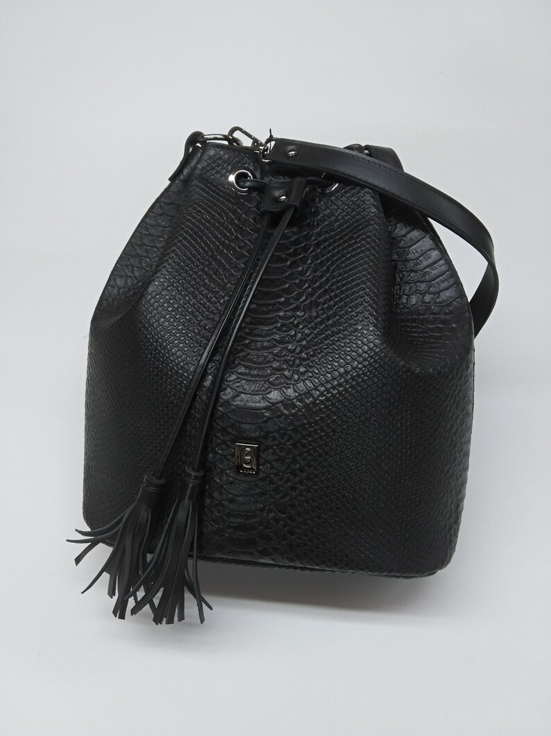 Snake Skin Style Black Bucket Bag Genuine Calf Leather | Etsy