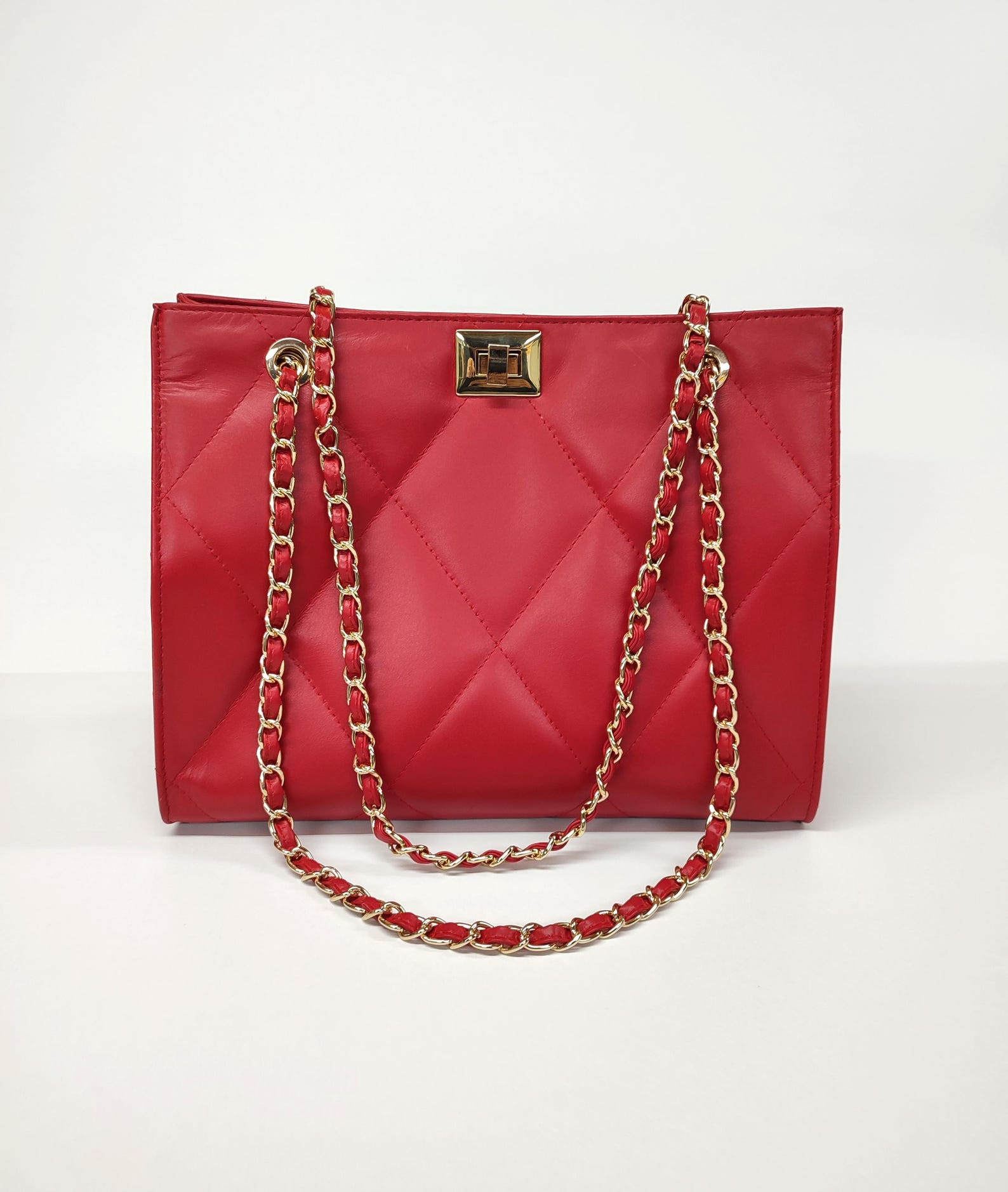 Genuine Leather Twist Lock Bag, Elegant Quilted Bag, Large Diamonds Bag ...