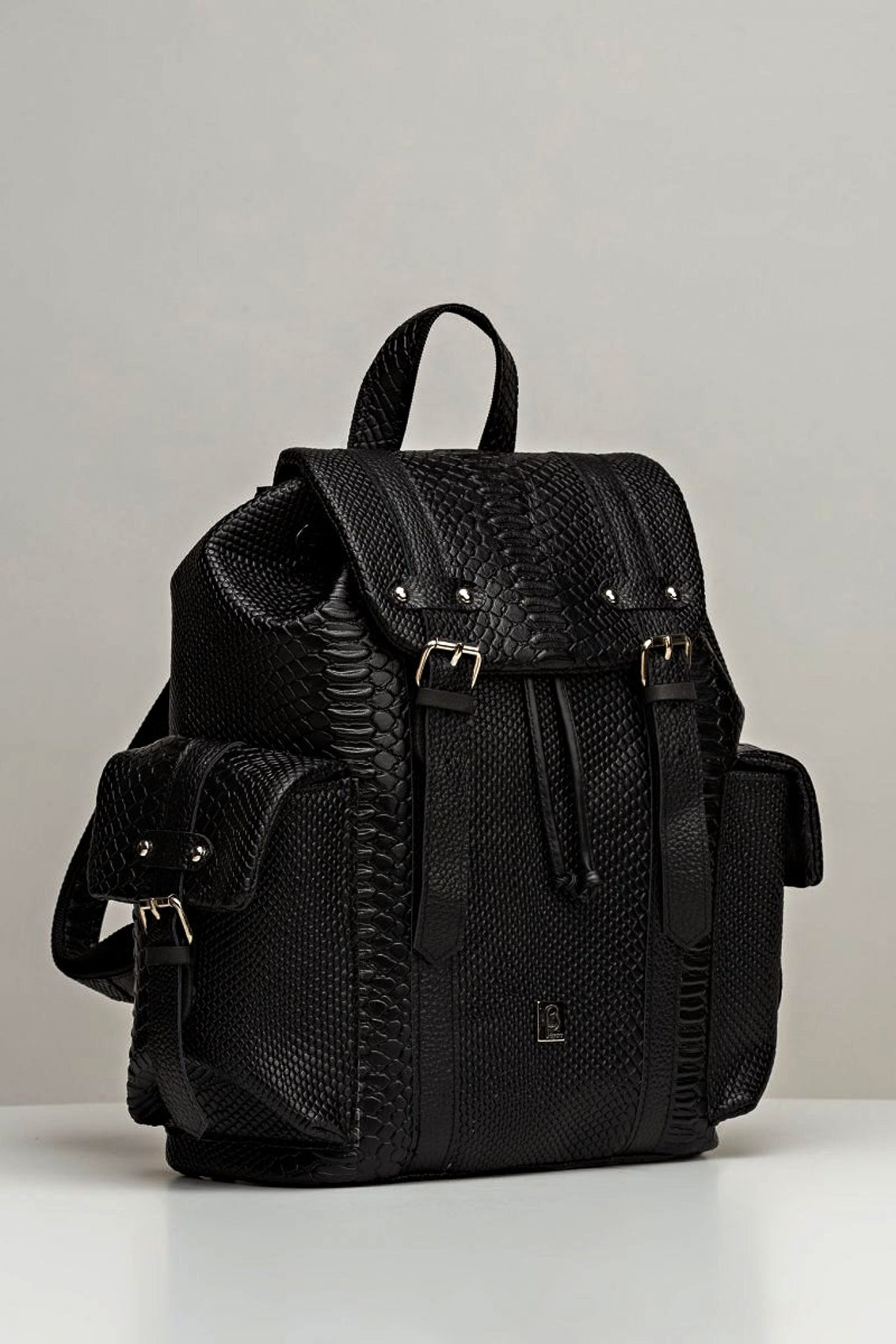 Black Snake Skin Style Leather Backpack Black Calfskin Women - Etsy