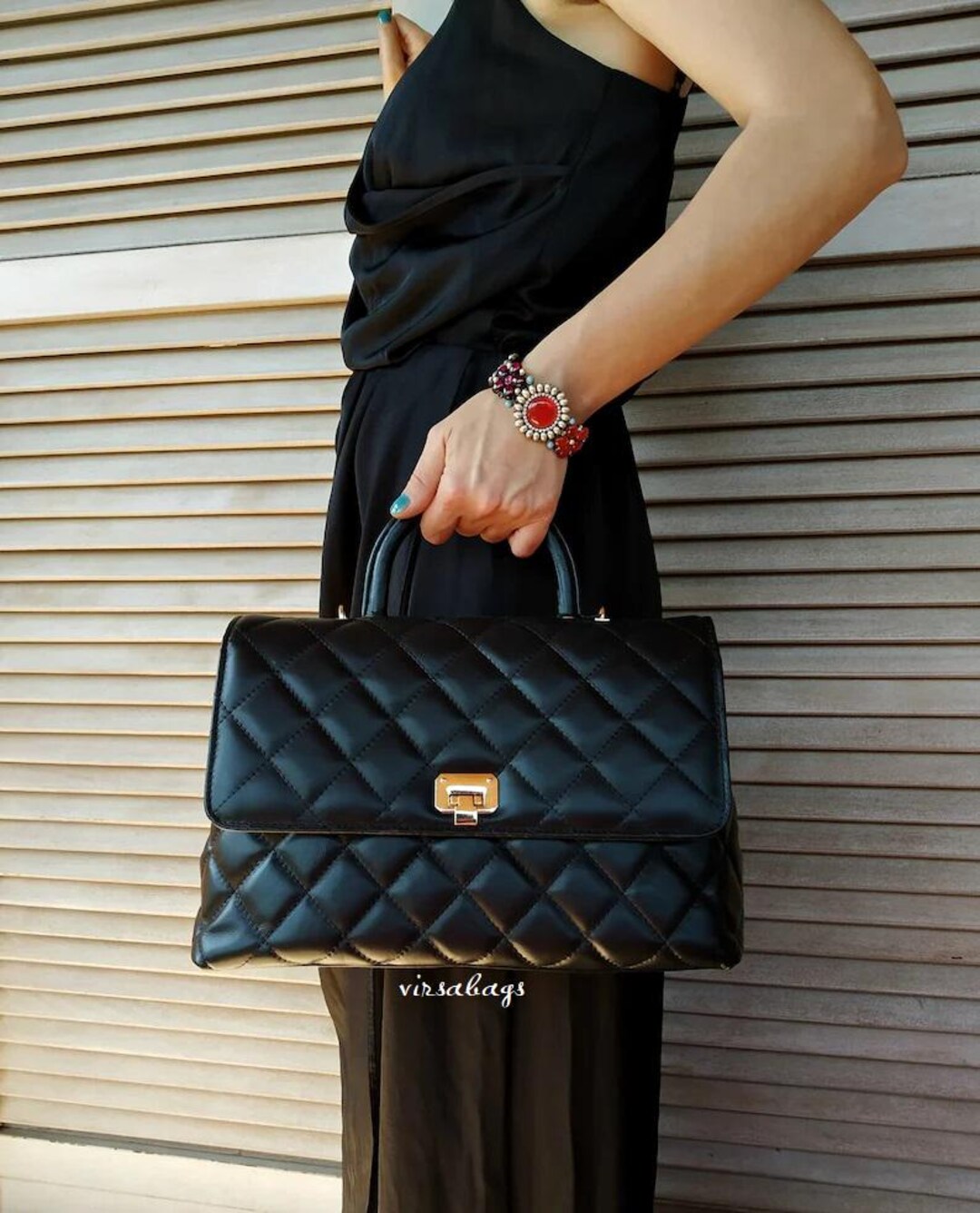 Diamonds Top Handle Bag, Genuine Leather Large Handbag, Convertible ...