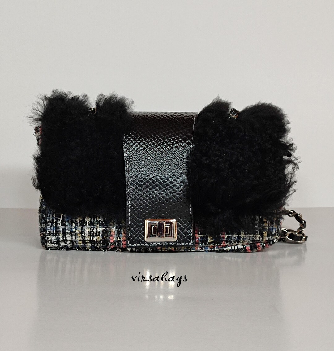 Statement Tweed Flap Bag, Double Strap Leather Purse, Fur and Genuine ...