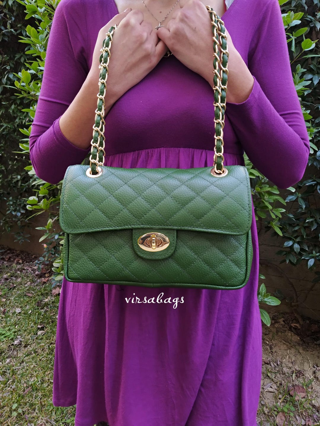 Grained Leather Diamond Shoulder Bag, Medium Size Genuine Calfskin ...