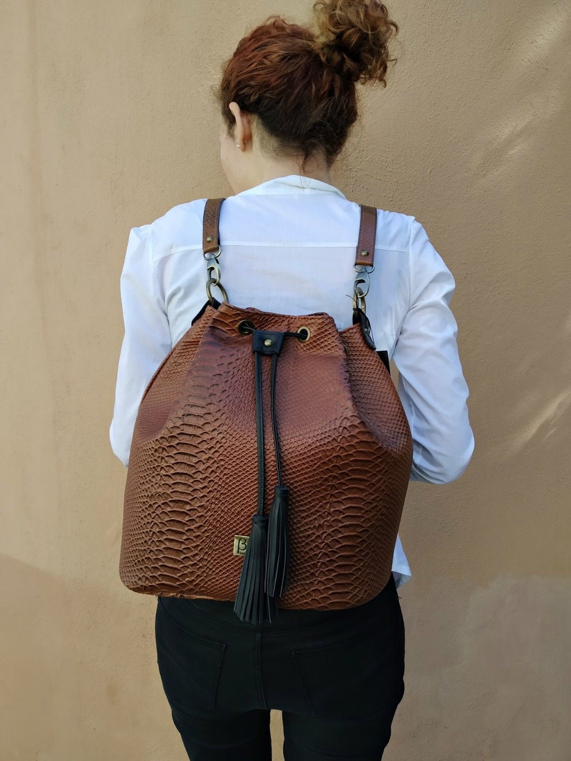Snake Skin Style Black Bucket Bag Genuine Calf Leather | Etsy