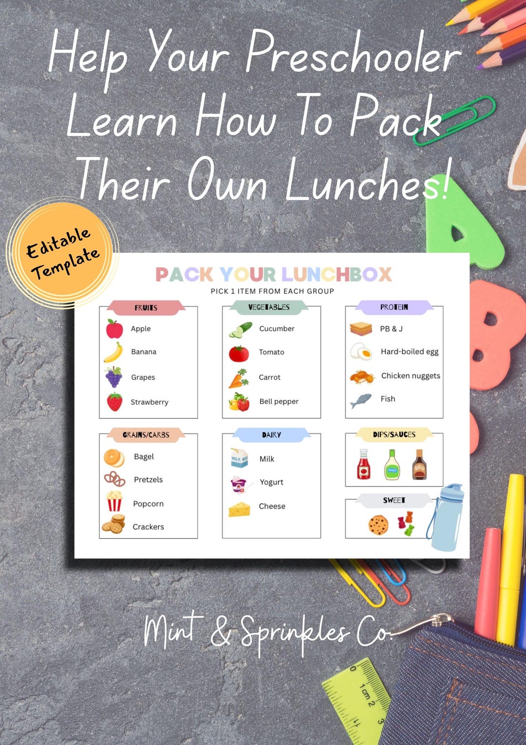 Preschool Lunch Packing Chart | Fun Editable Canva Template | Visual ...