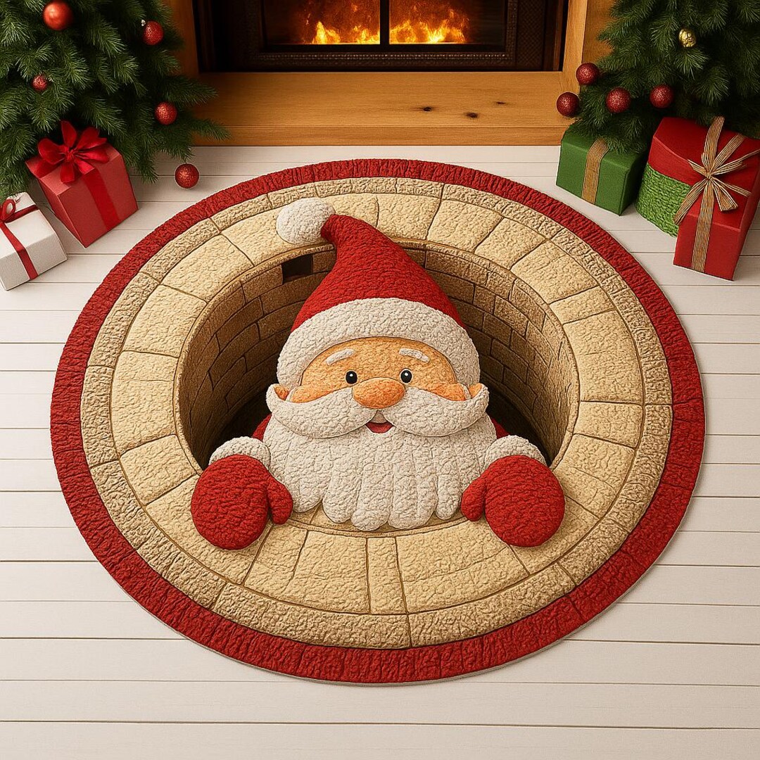 Santa Claus Round Christmas Rug | 3D Printed Holiday Floor Mat | Soft ...