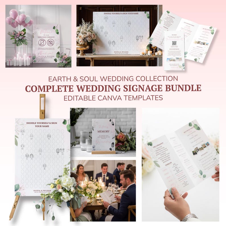 Wedding Signage Bundle, Editable Canva Templates (guest Book, Unplugged ...