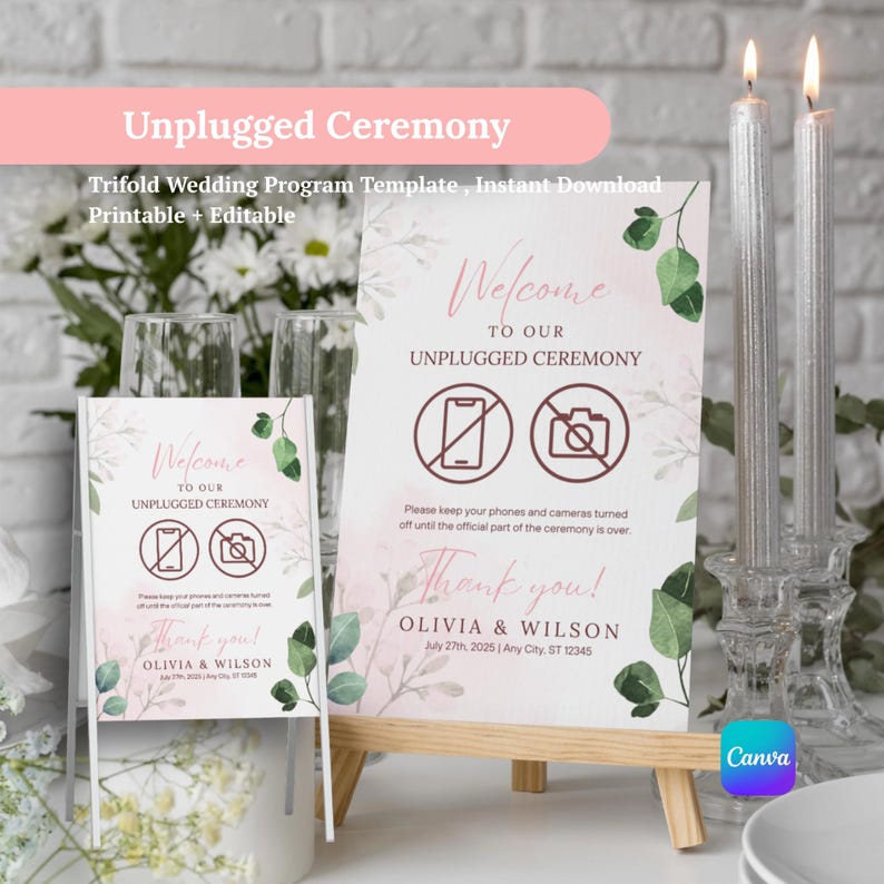 Unplugged Ceremony Welcome Sign Template, Editable Wedding Poster ...