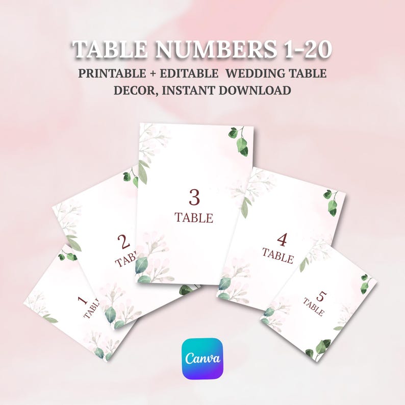 Wedding Table Numbers 1-20, Printable Canva Template, Eucalyptus ...