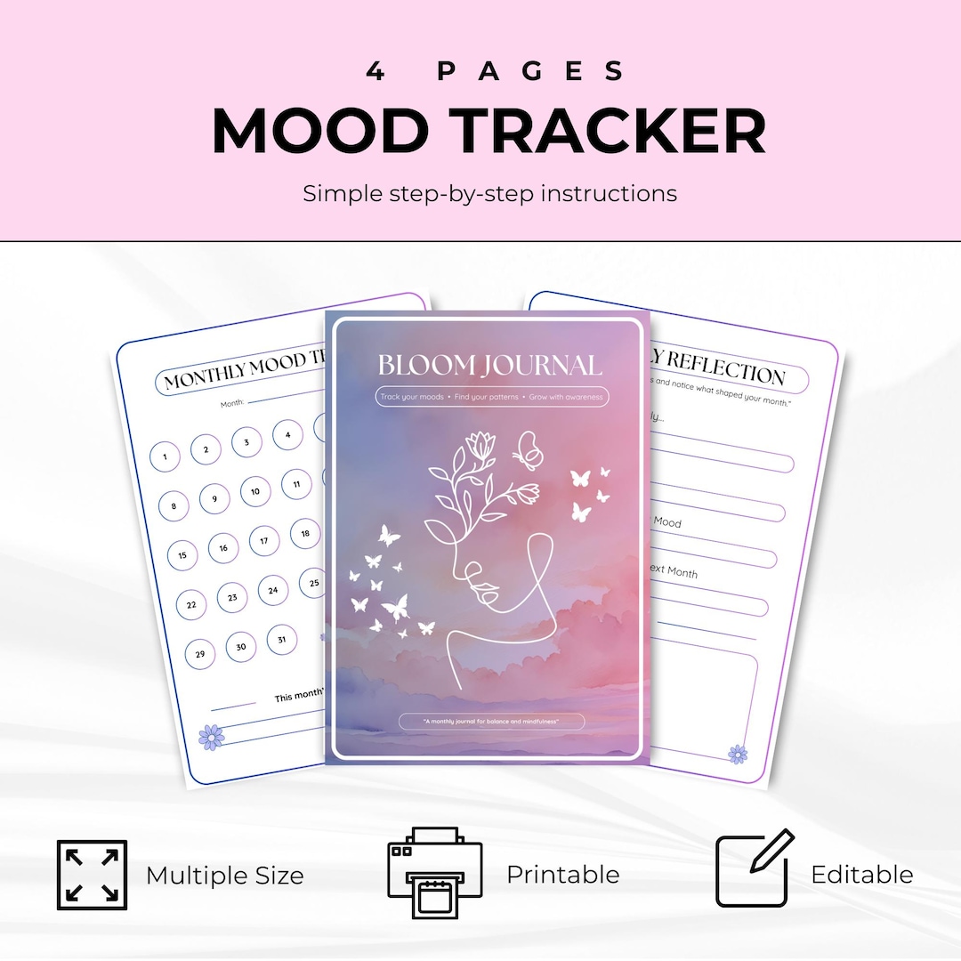 Monthly Mood Tracker With Reflection , Printable Self-care Journal ...