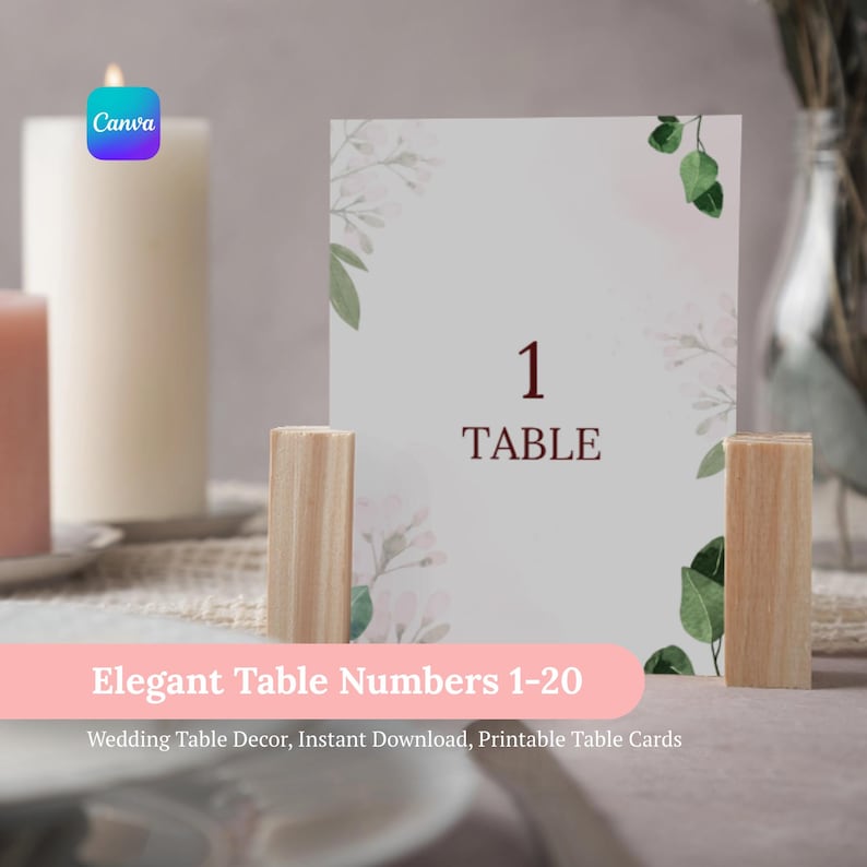 Wedding Table Numbers 1-20, Printable Canva Template, Eucalyptus ...