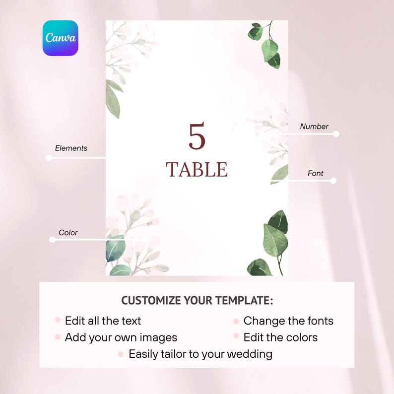 Wedding Table Numbers 1-20, Printable Canva Template, Eucalyptus ...