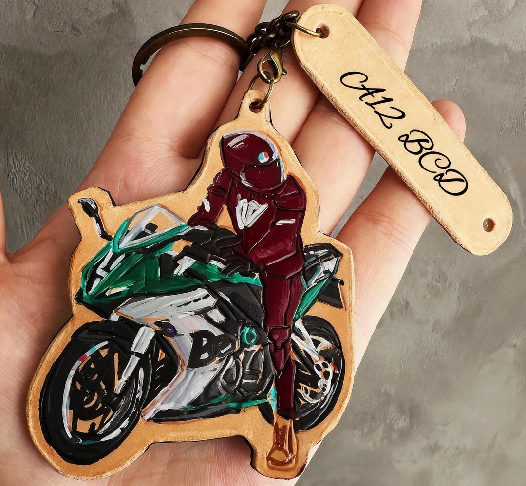 Custom Hand-drawn Motorcycle Keychain | Hand Painted Leather Tag - Etsy
