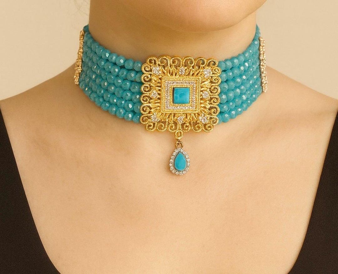 Turquoise Beaded Choker Set Gold Filigree Pendant Earrings, Maroon ...