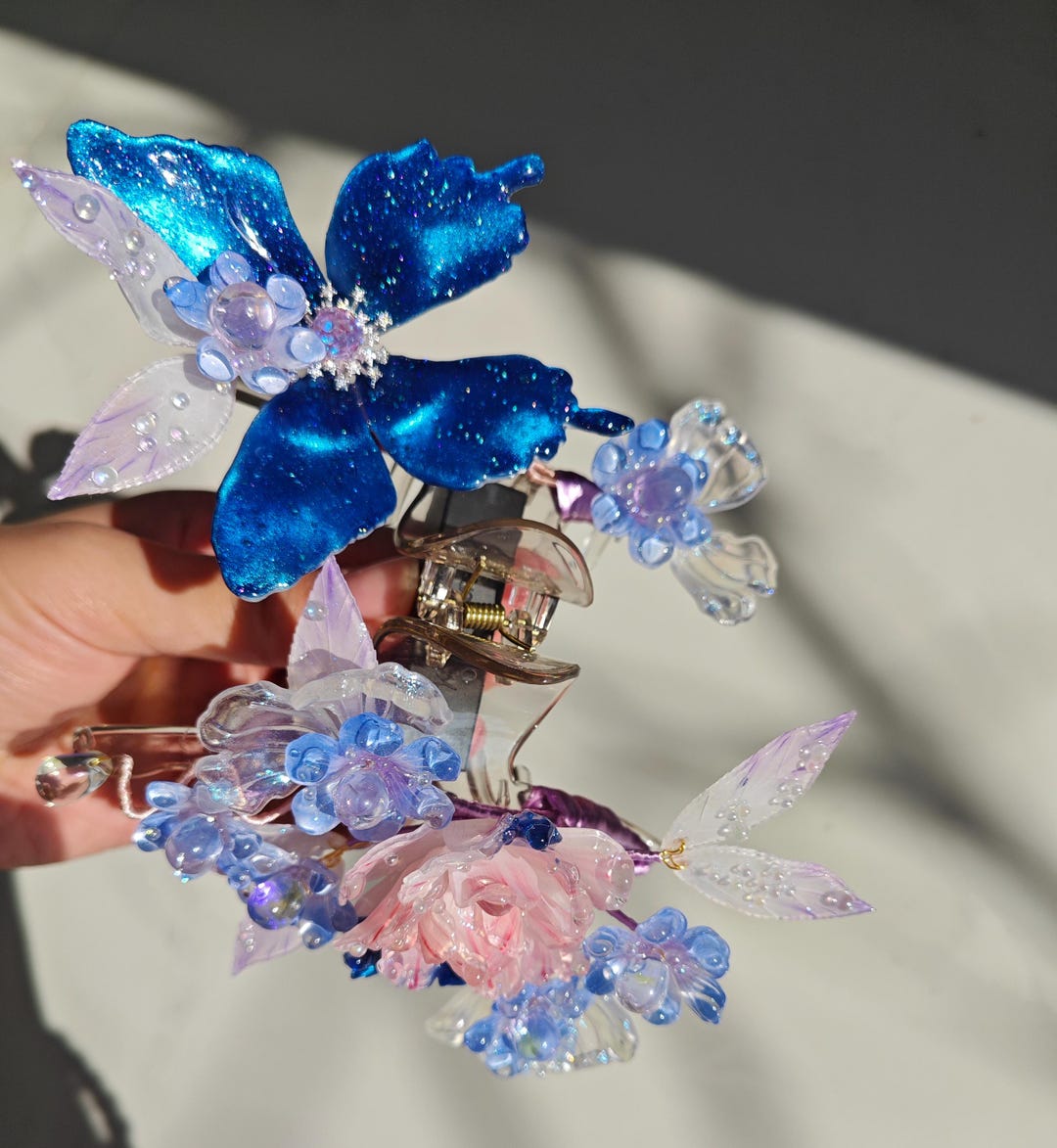 Handmade Blue Floral Butterfly Hair Claw | Unique Collectible Clip - Etsy