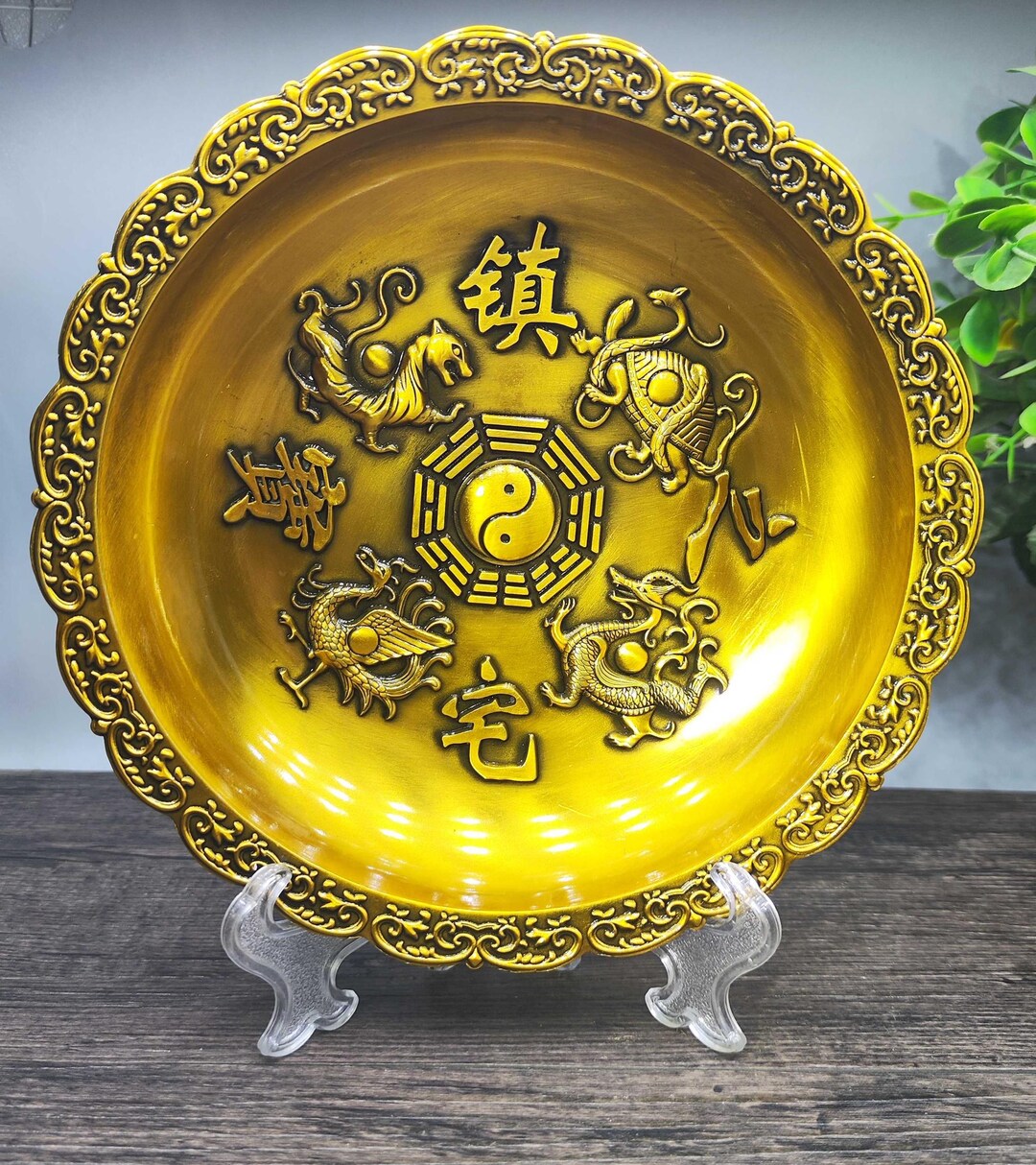 Vintage Brass Carved Bagua Four Beasts Plate--feng Shui Statue - Etsy