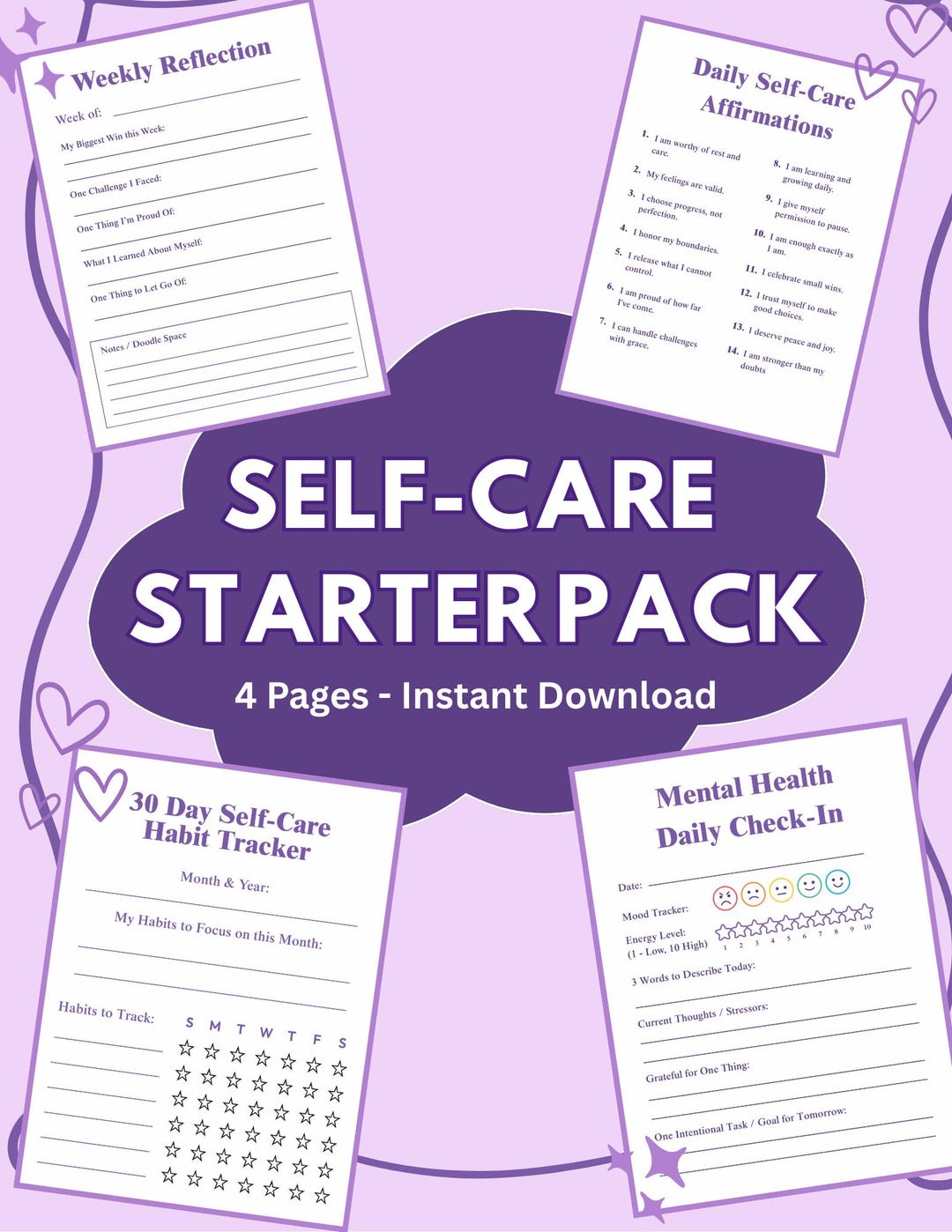 Self-care Starter Pack | Mental Health Daily Check-in, Habit Tracker ...