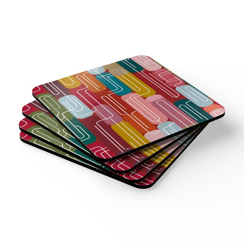 Mid Century Modern Abstract Coasters, Retro Geometric Cork Coaster Set ...