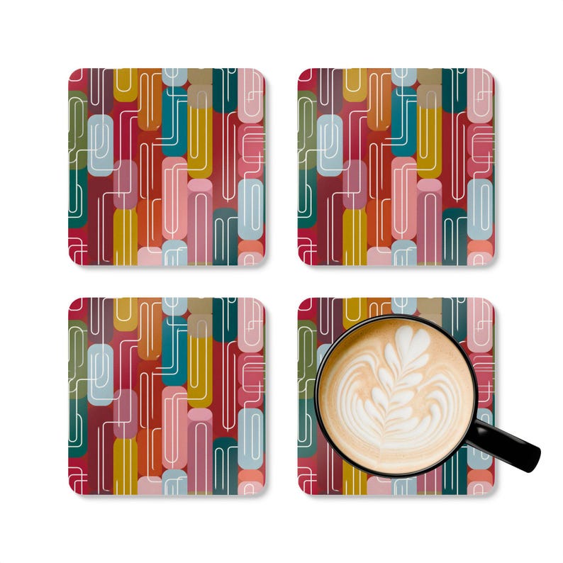 Mid Century Modern Abstract Coasters, Retro Geometric Cork Coaster Set ...