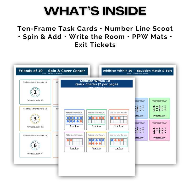 Addition Within 10 Centers 1st Grade Printable Worksheets – Ten-frames ...