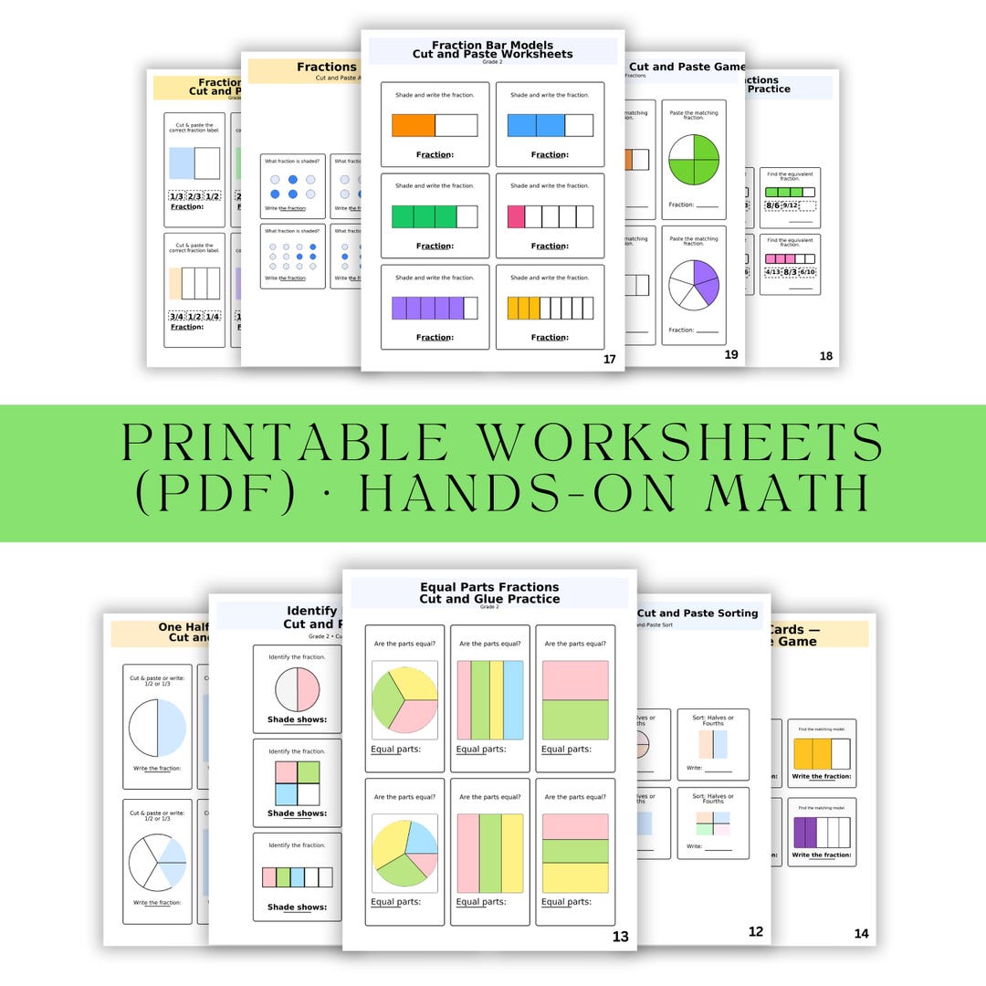 2nd Grade Fractions Cut and Paste Printable Worksheets — Halves, Thirds ...