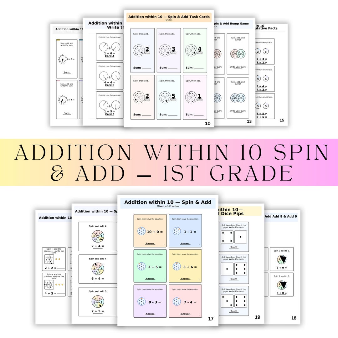 1st Grade Addition Within 10 Worksheets: Math Center Games (printable ...
