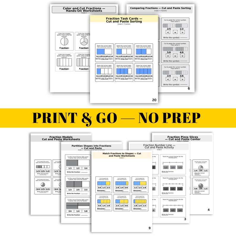 2nd Grade Fractions Cut and Paste Printable Worksheets — Halves, Thirds ...