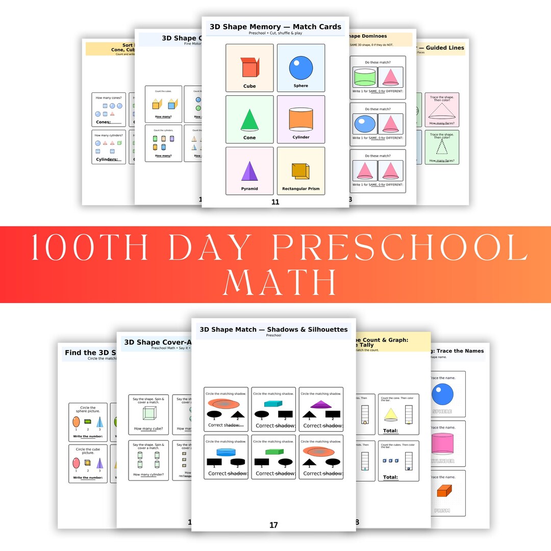 100th Day of School 3D Shapes Math Activities: Preschool Printable ...