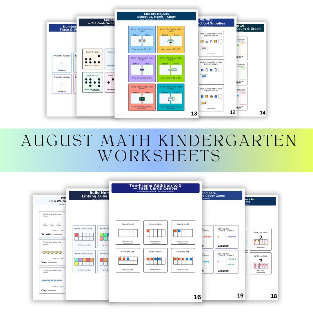August Math Kindergarten Worksheets | Back-to-school Printable ...